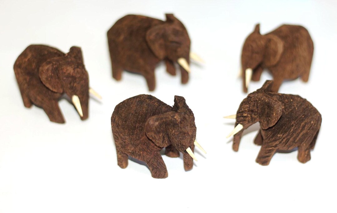 Herd of 5 Carved Dolf/mukwa/kiaat Wood Elephants. African Teakwood Set ...