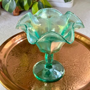 Fenton Art Glass Stiegel Green Stretch Ruffle Compote Vase, Vintage ...