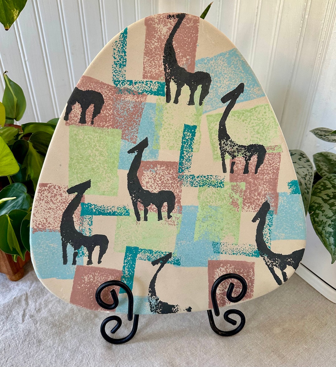 Vintage, Ceramic Triangular Plate, 1980s, Giraffe, Llama, Geometric ...