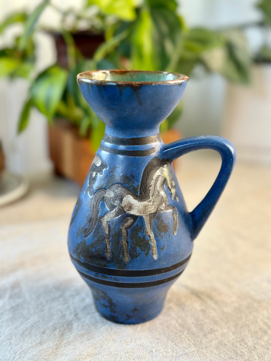 1960s Mid Century Hans Welling for Ceramano Vase, Blue Horses Vintage ...