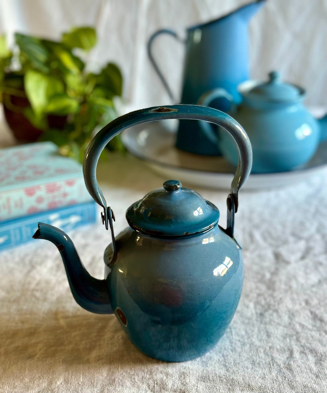 Vintage French Enamel Teapot Teakettle Blue Teal Ombre Rustic Chippy - Etsy