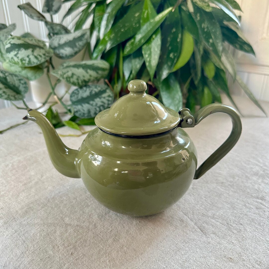 Small Olive Drab Green Enamel Teapot, Vintage, Chippy, Hinged Lid - Etsy
