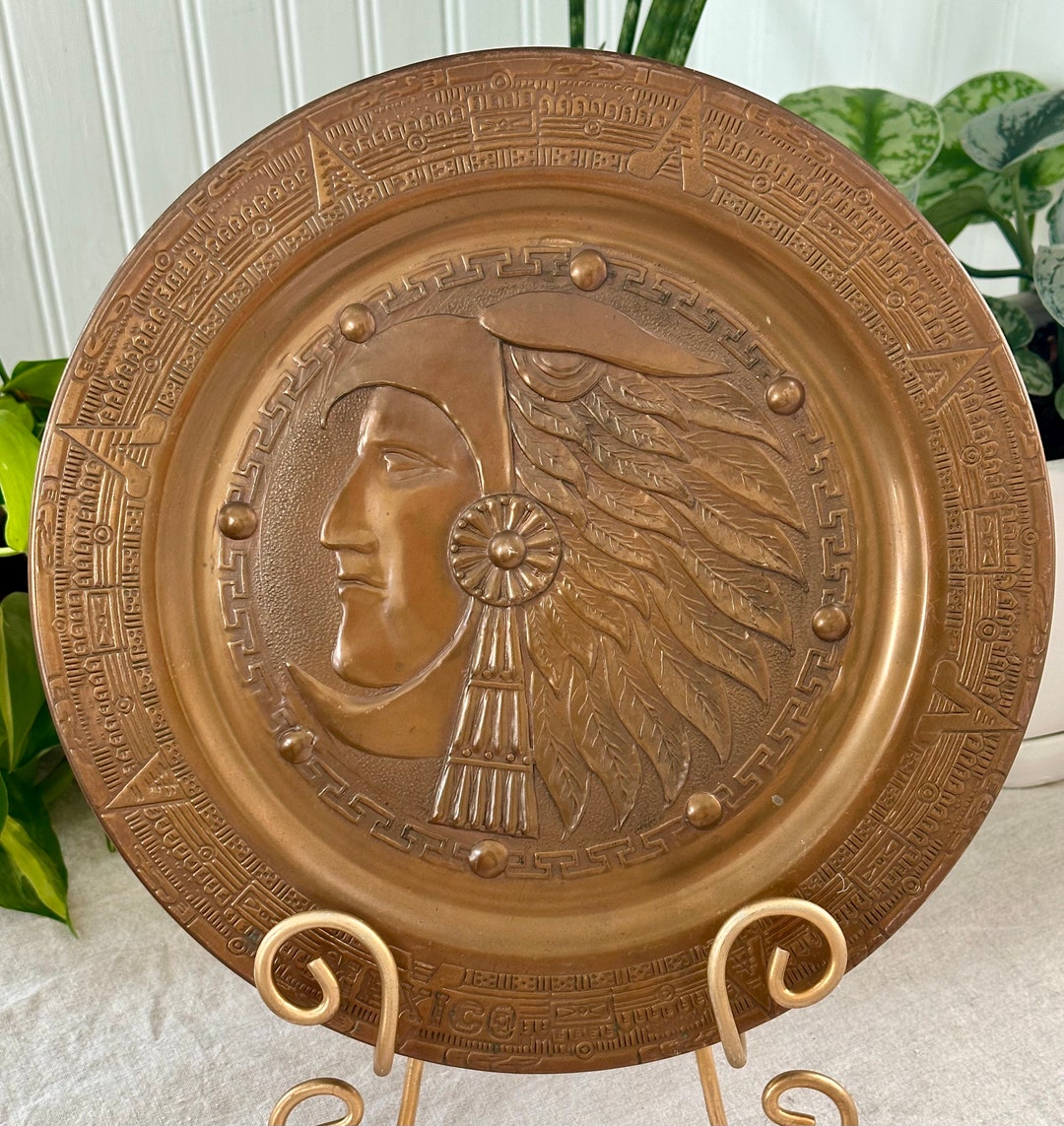 Vintage Solid Copper Plate/wall Decor Mexico Aztec Mayan Man/symbols ...