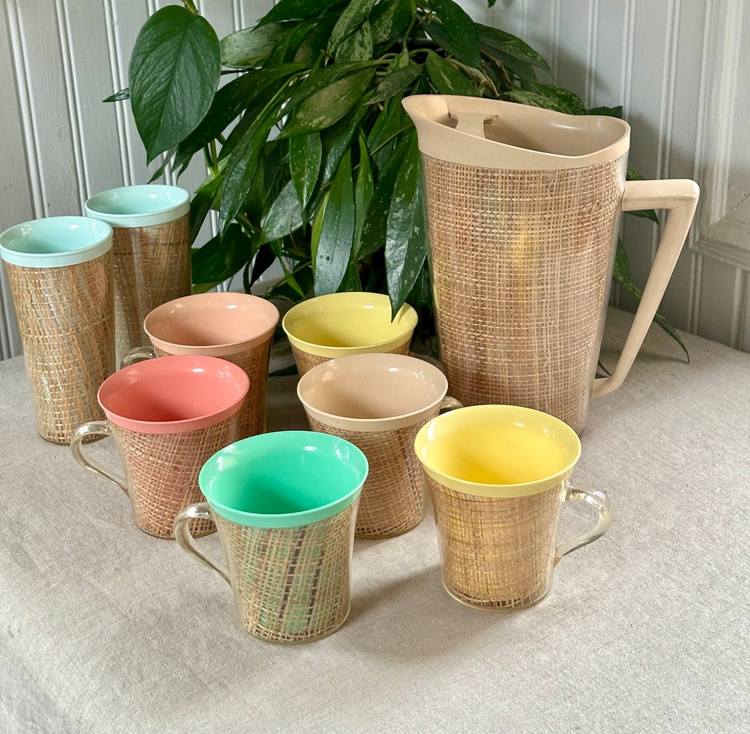 Vintage Mid Century Raffiaware Pitcher and 8 Cups/mugs/tumblers ...