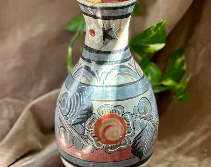 REPAIRED VINTAGE Hand Painted Mexican Tonala Vase, Folk Art, Tall ...