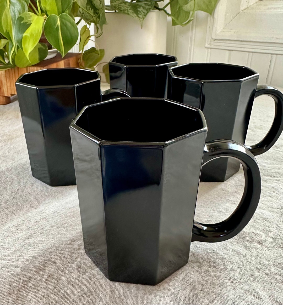 Vintage Black Glass Octagon Mugs Set of 4, Arcoroc, France - Etsy