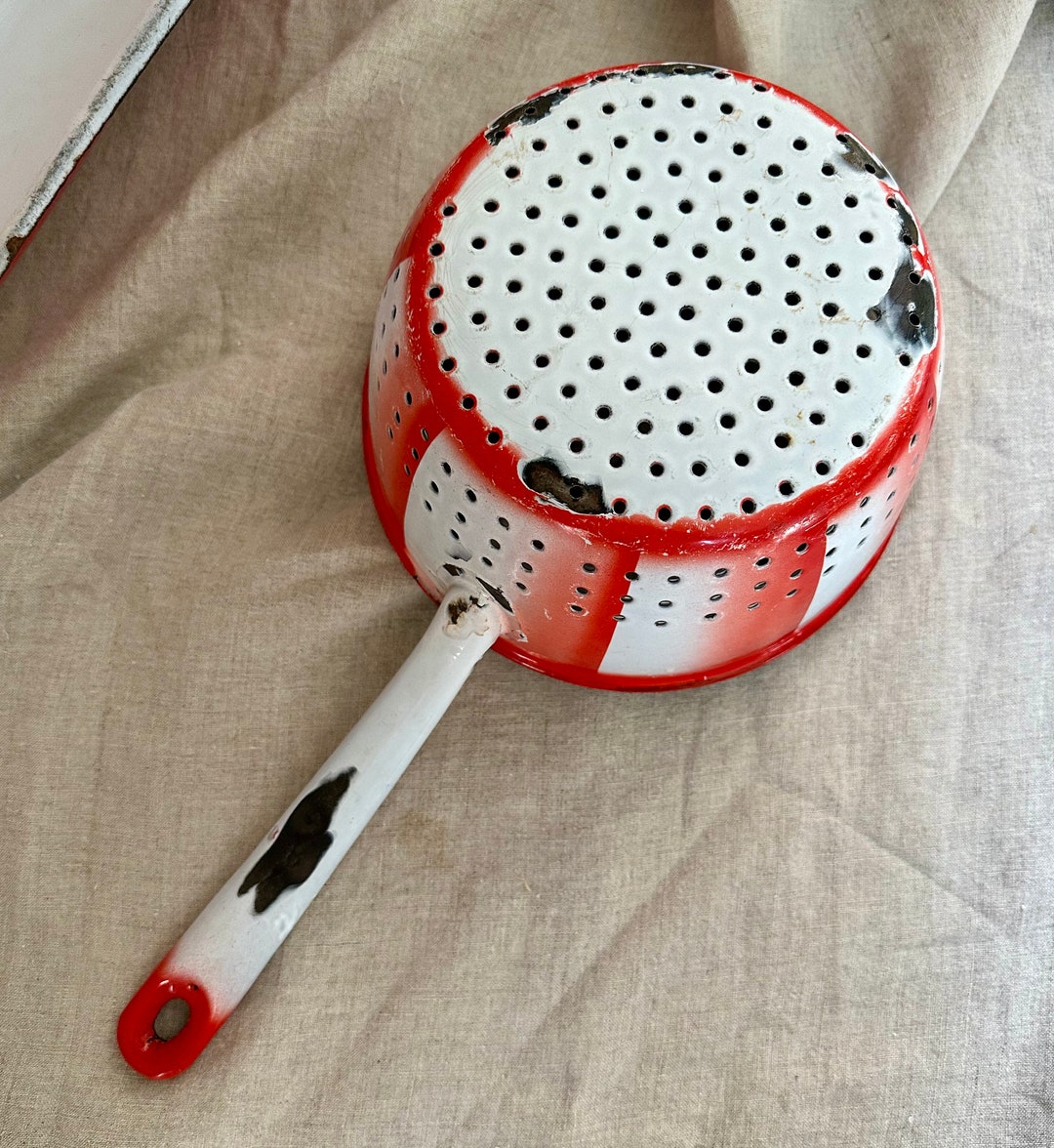 Vintage Antique French Enamel Pot Strainer, Art Deco, Red & White ...