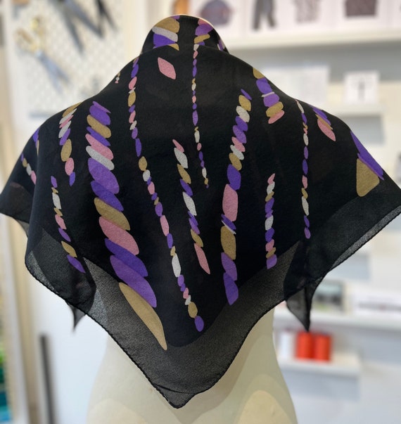 Chic 1970’s sheer black square headscarf with purple … - Gem
