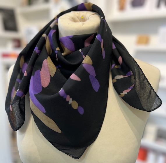 Chic 1970’s sheer black square headscarf with purple … - Gem