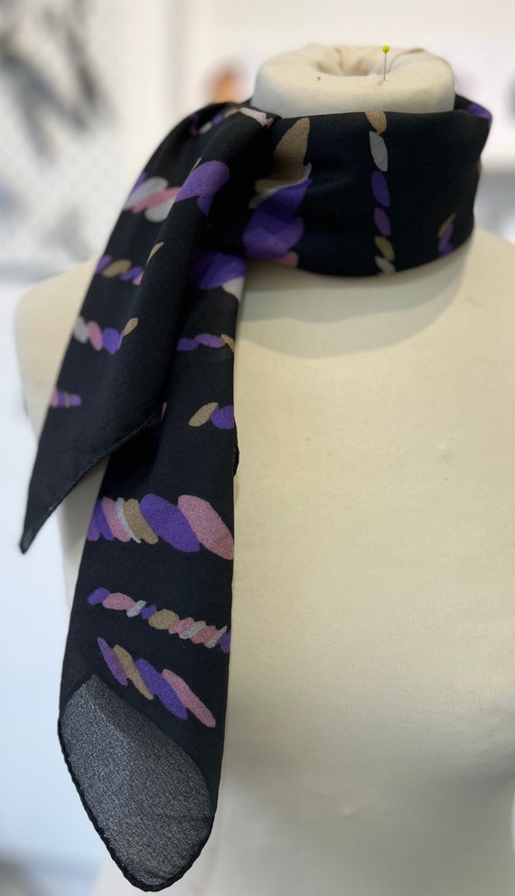 Chic 1970’s sheer black square headscarf with purple … - Gem