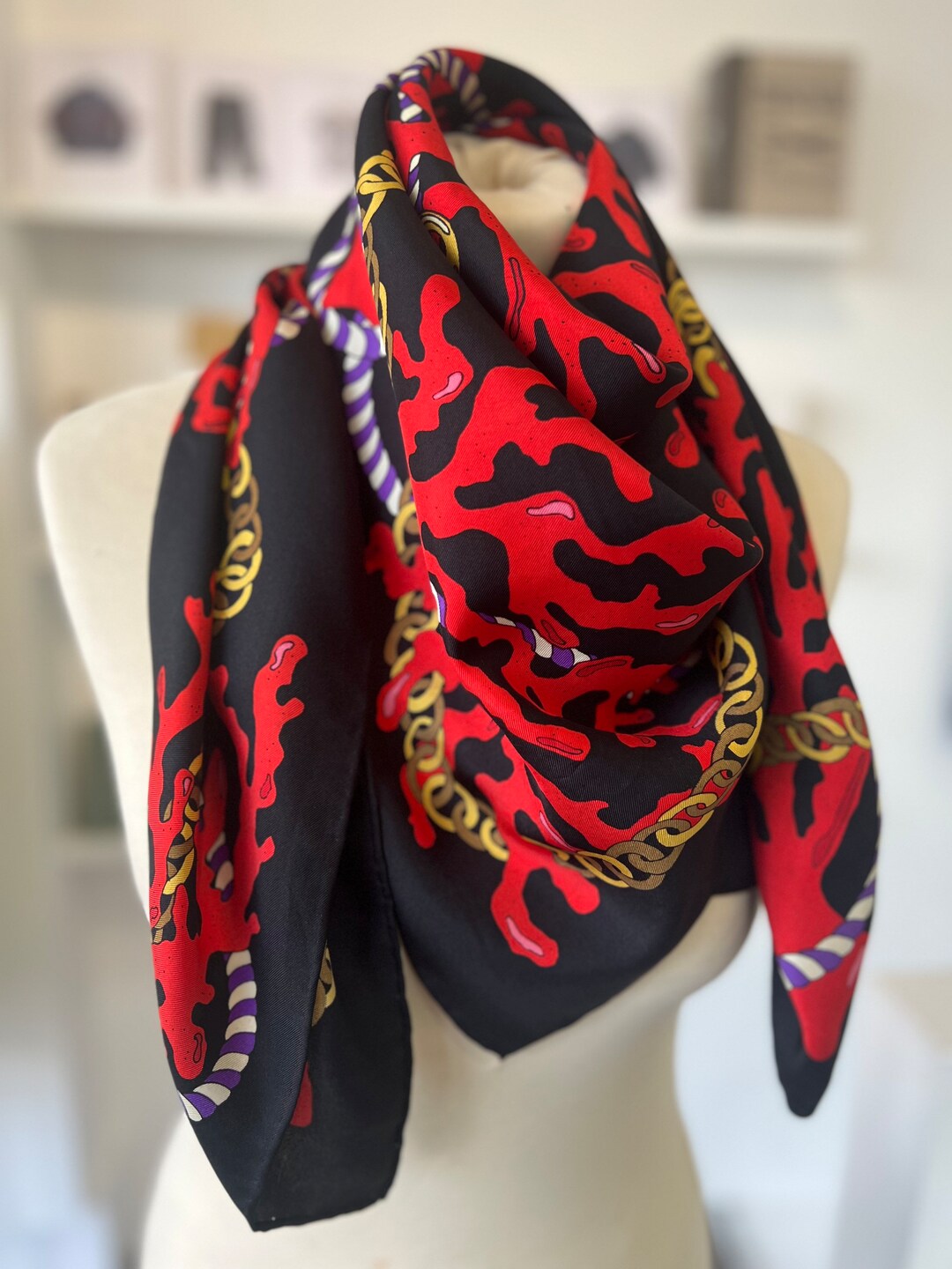 Striking Black and Red Coral and Sea Anchor Nautical Theme Square Head ...