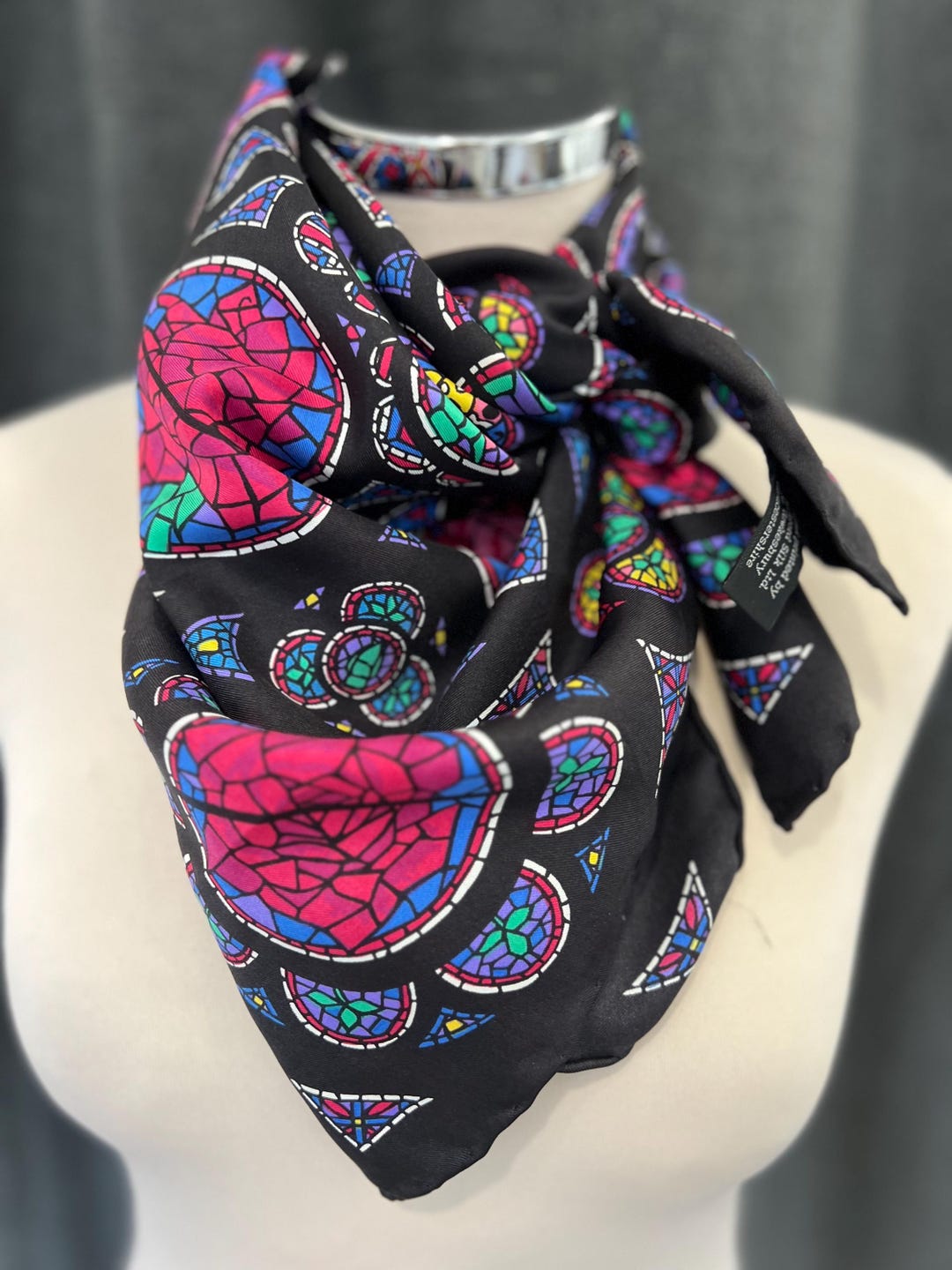 Black and Pink Vintage Beckford Silk Large Square Headscarf With Stain ...