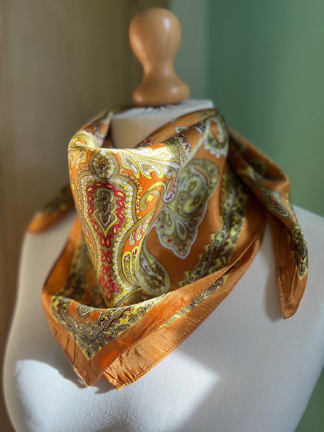 Vintage Golden and Green Paisley Square Headscarf - Etsy
