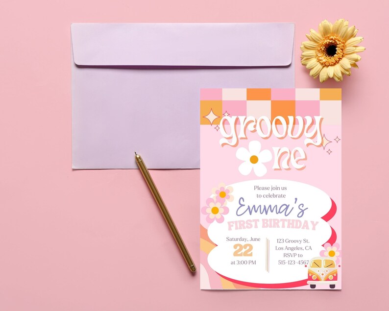 Editable Groovy One Invitation, Girls Birthday Invitation, Retro Party ... Editable Groovy One Invitation, Girls Birthday Invitation, Retro Party ...