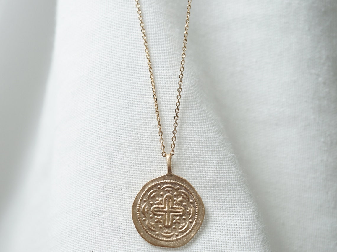 Gold coin necklace with a cross pendant | Etsy