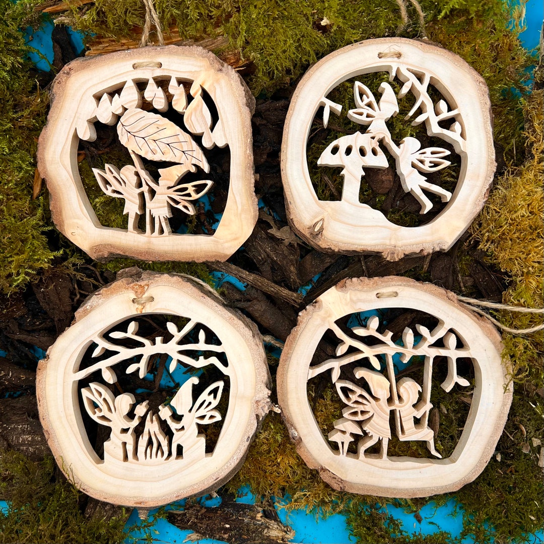 Set of 4 Pixie Fairy Wooden Hanging Decorations Handmade Recycled ...