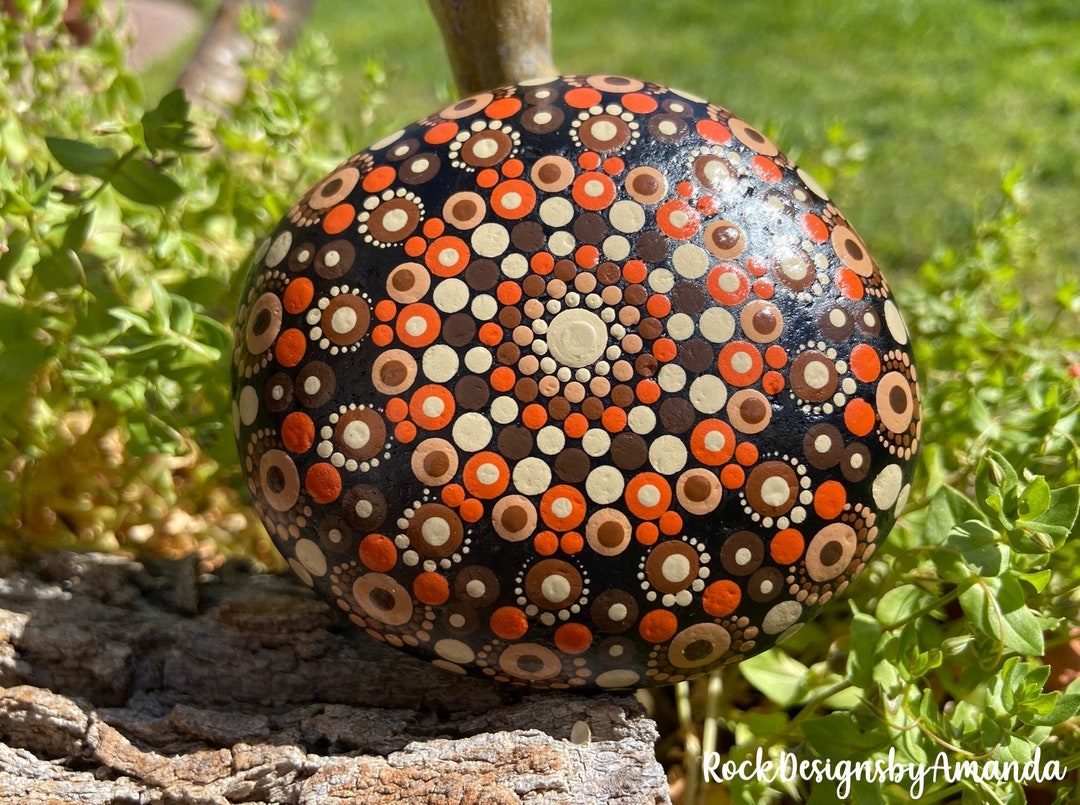 Brown Mandala Rock | Brown Painted Rocks | Rock Art | Decorative Stones ...