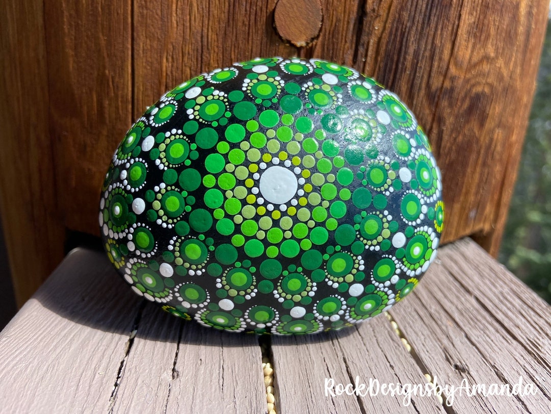 Green Painted Mandala Rock | Rock Art | Mandala Stones | Green Dot Art ...