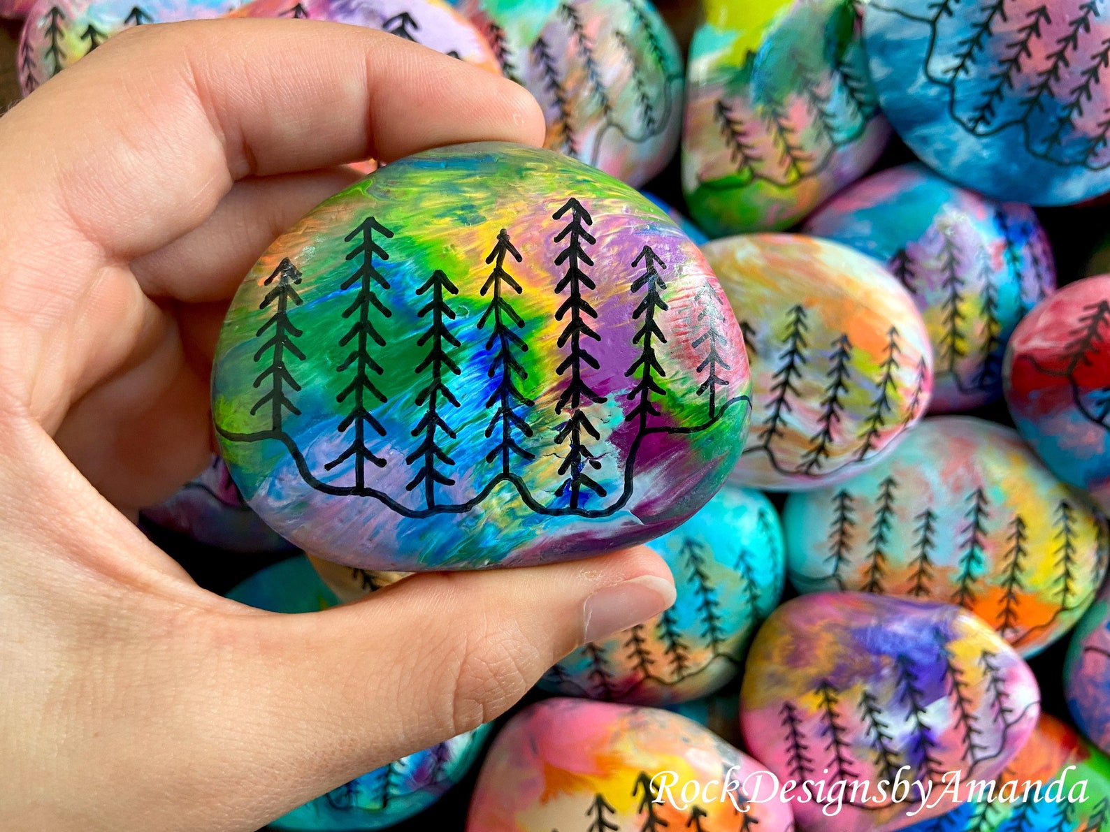 Forest Painted Rocks | Tree Sky Scene | Rock Art | Paint Pour Art ...