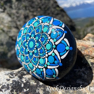 Blue Painted Mandala Rock | Painted Beach Stone | Decorative Rocks ...