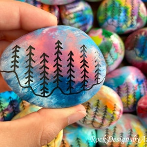 Forest Painted Rocks | Tree Sky Scene | Rock Art | Paint Pour Art ...
