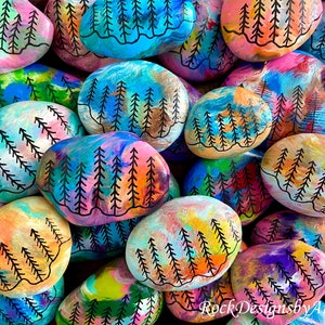 Forest Painted Rocks | Tree Sky Scene | Rock Art | Paint Pour Art ...