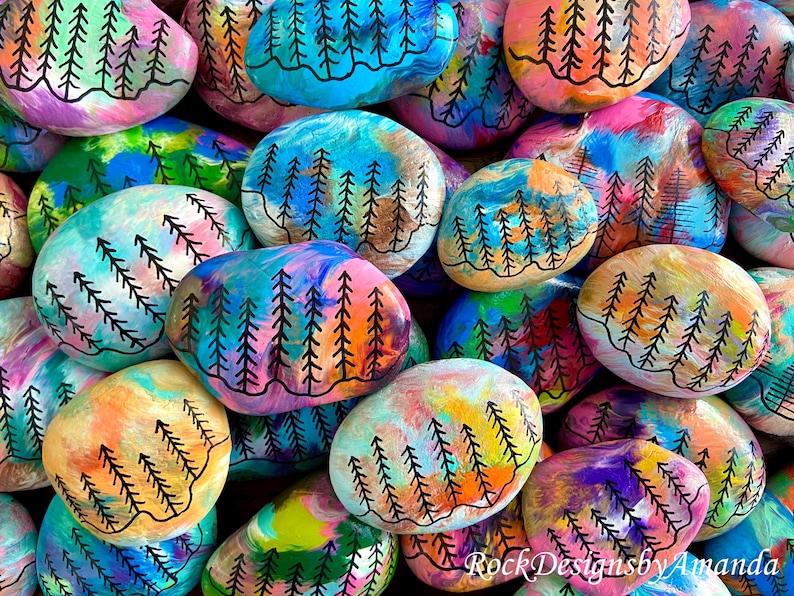 Forest Painted Rocks | Tree Sky Scene | Rock Art | Paint Pour Art ...