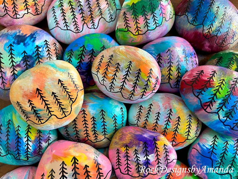 Forest Painted Rocks Tree Sky Scene Rock Art Paint Pour - Etsy