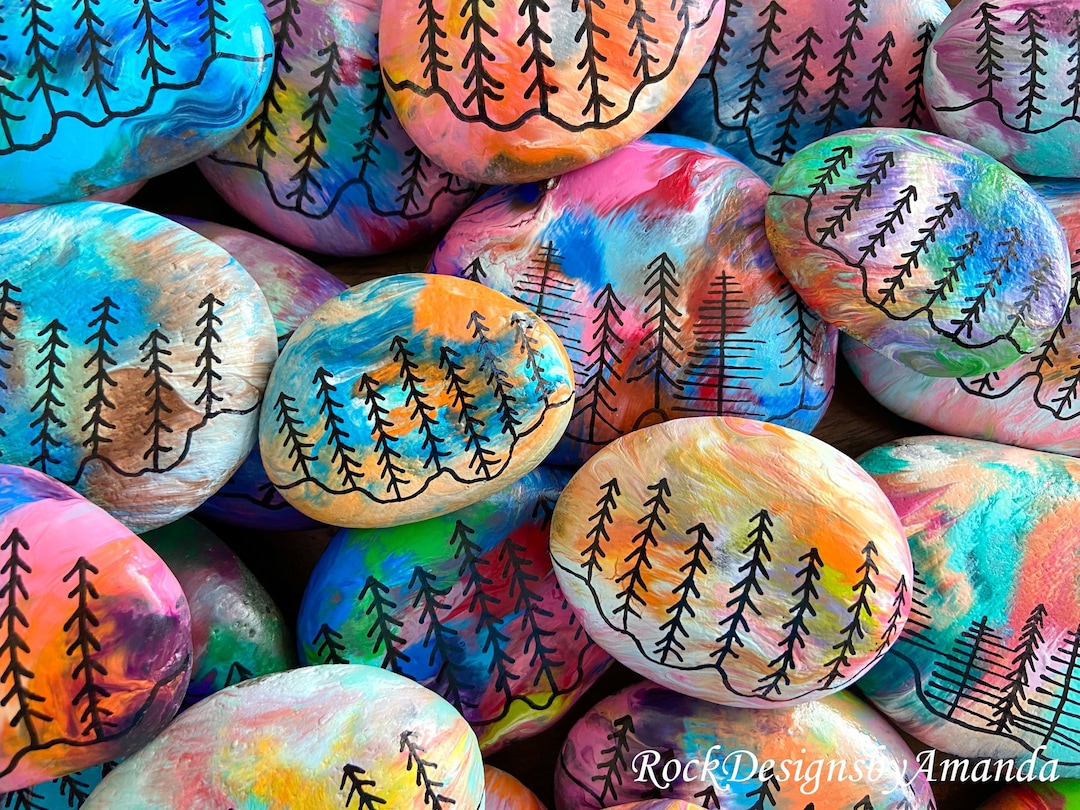 Forest Painted Rocks | Tree Sky Scene | Rock Art | Paint Pour Art ...