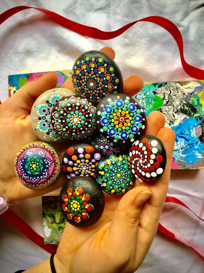 Small Painted Mandala Stones Paperweights Dot Art | Etsy