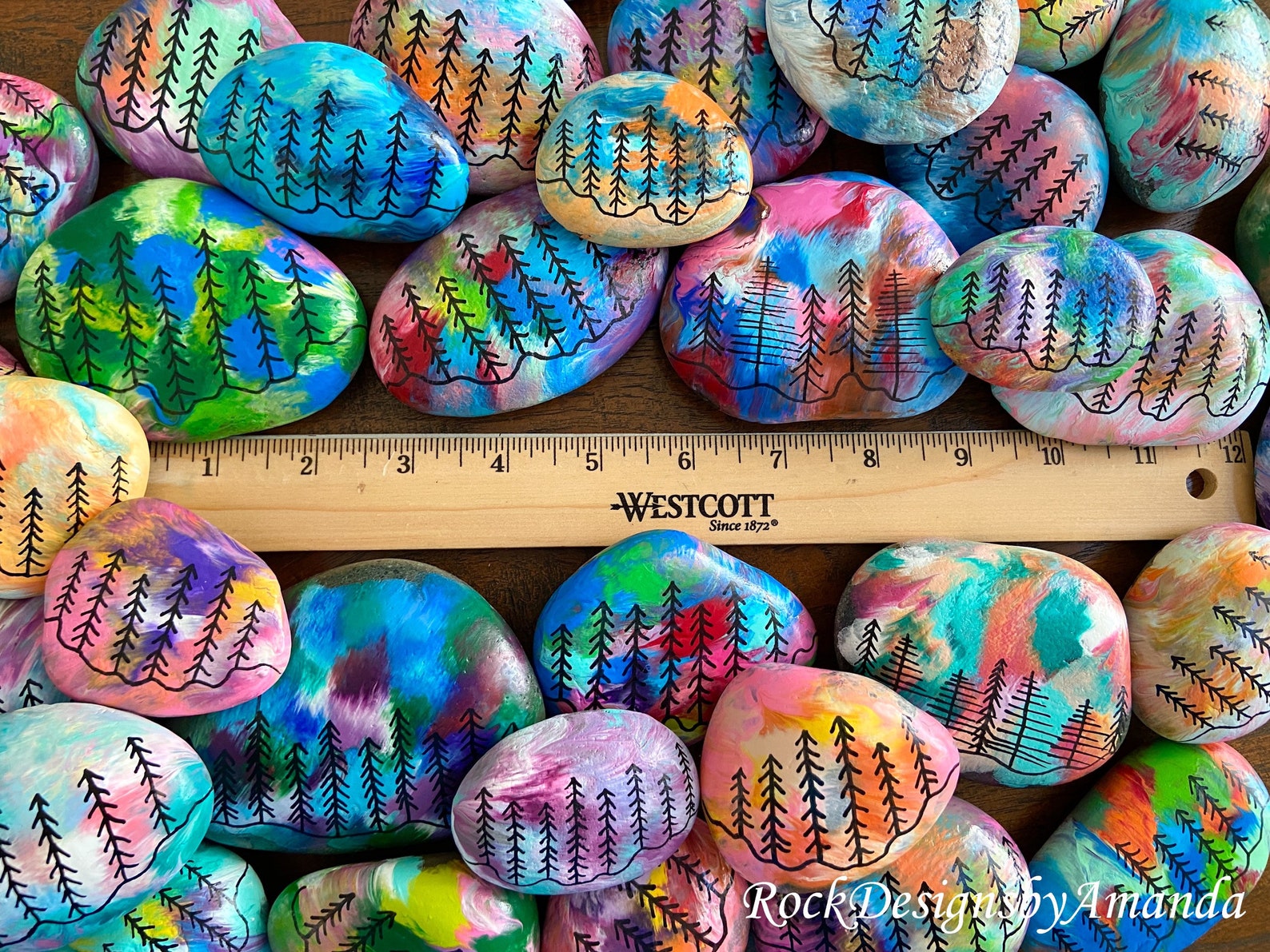 Forest Painted Rocks | Tree Sky Scene | Rock Art | Paint Pour Art ...
