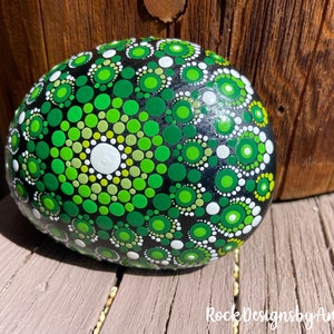 Green Painted Mandala Rock | Rock Art | Mandala Stones | Green Dot Art ...