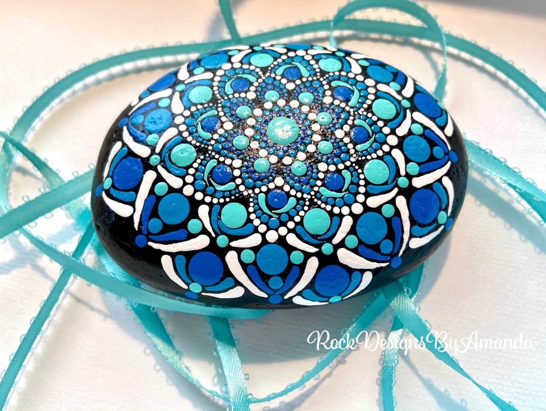 Blue Painted Mandala Rock | Painted Beach Stone | Decorative Rocks ...