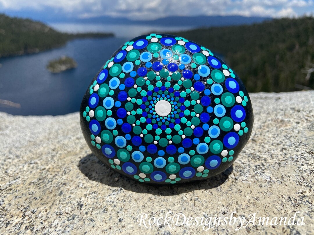 Large Teal and Blue Mandala Stone | Painted Rocks | Teal Dot Rocks ...