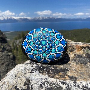 Blue Painted Mandala Rock | Painted Beach Stone | Decorative Rocks ...