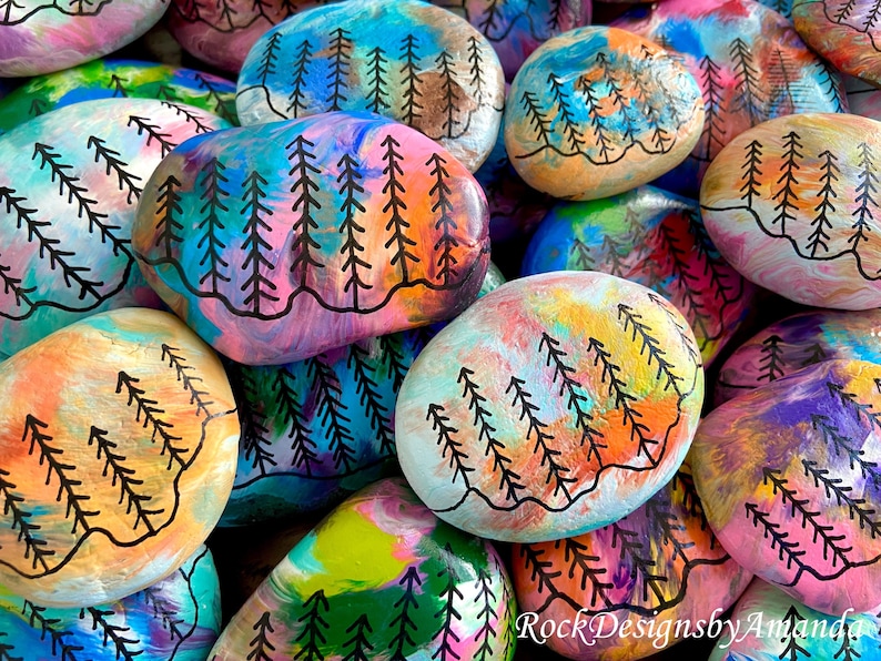 Forest Painted Rocks | Tree Sky Scene | Rock Art | Paint Pour Art ...