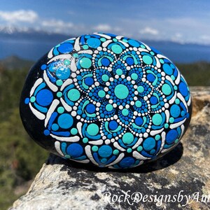 Blue Painted Mandala Rock | Painted Beach Stone | Decorative Rocks ...