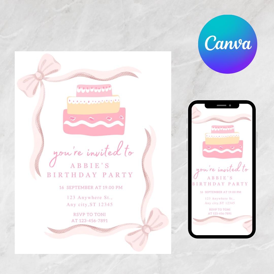 Elegant Pink Birthday Invite, Digital Download, Invitation Template ...