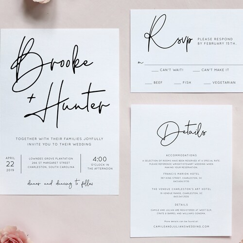 Modern Script Wedding Invitation Suite Template Boho Wedding - Etsy