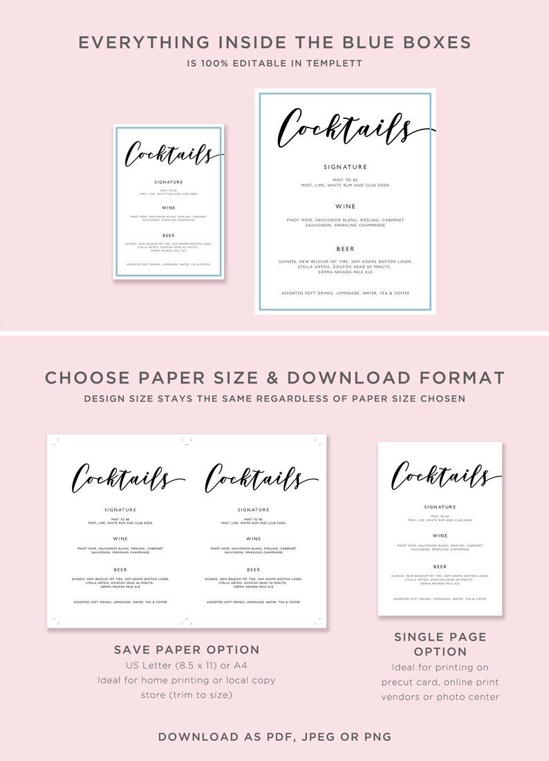 ELOISE Modern Script Calligraphy Cocktail Menu Template | Etsy