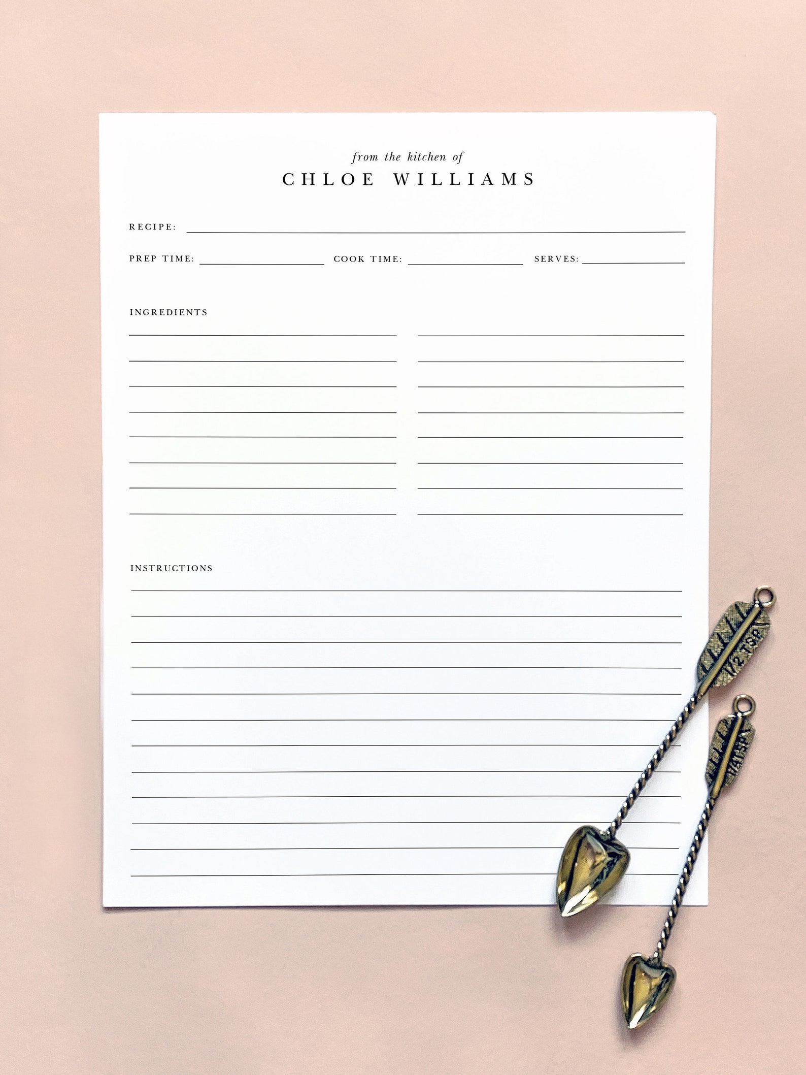 Classic Elegant Recipe Page Printable Template, Personalized Full Sheet ...