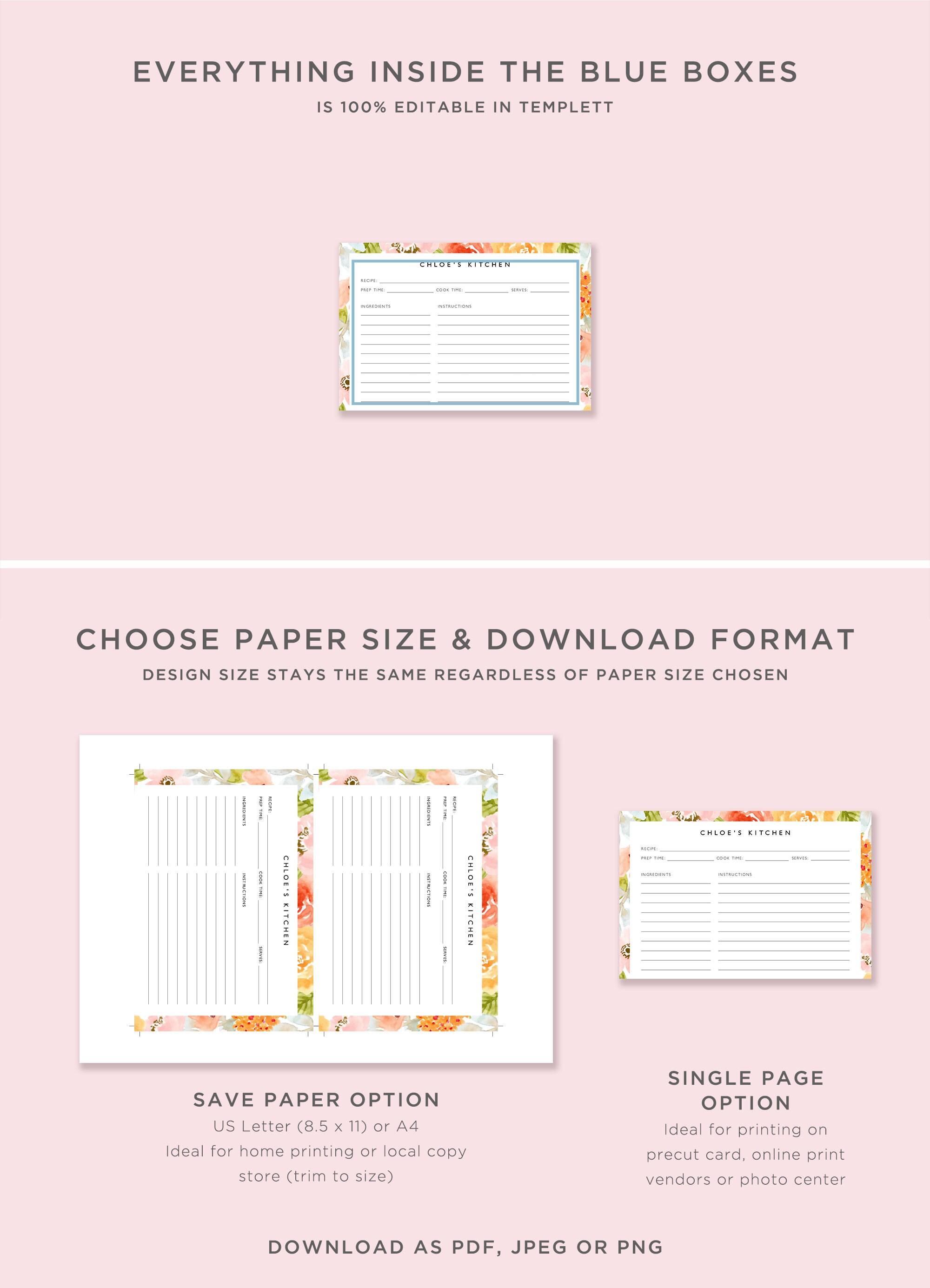 Pink Orange Watercolor Floral Recipe Card Printable Template - Etsy