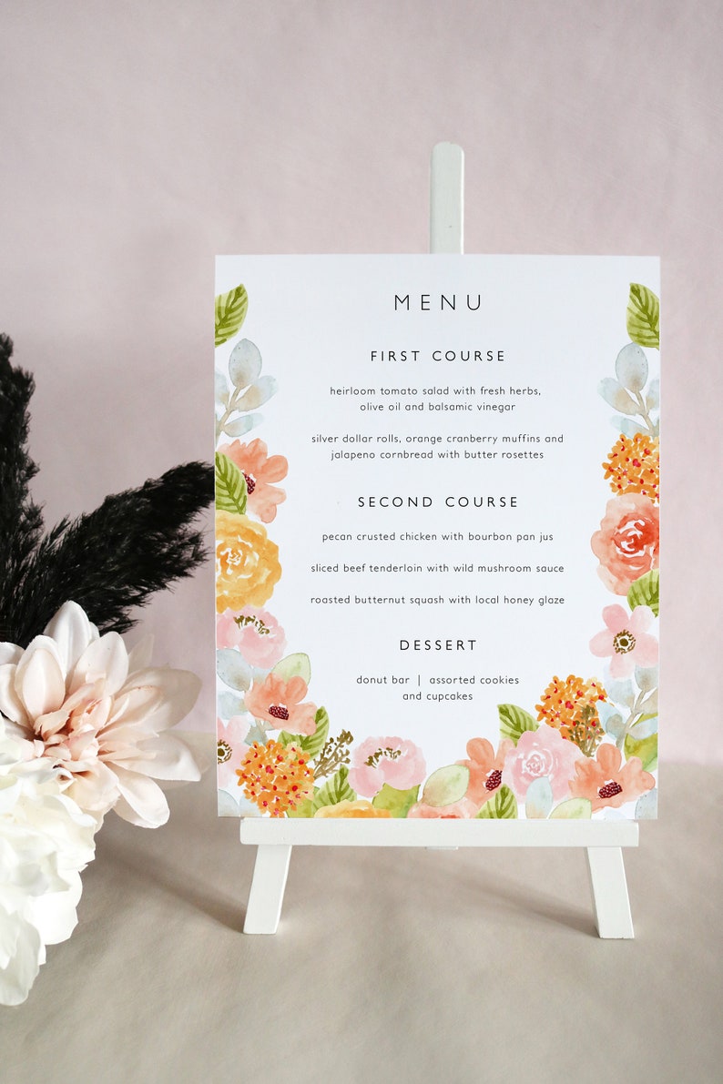 Watercolor Floral Menu Template Modern Floral Wedding Dinner | Etsy