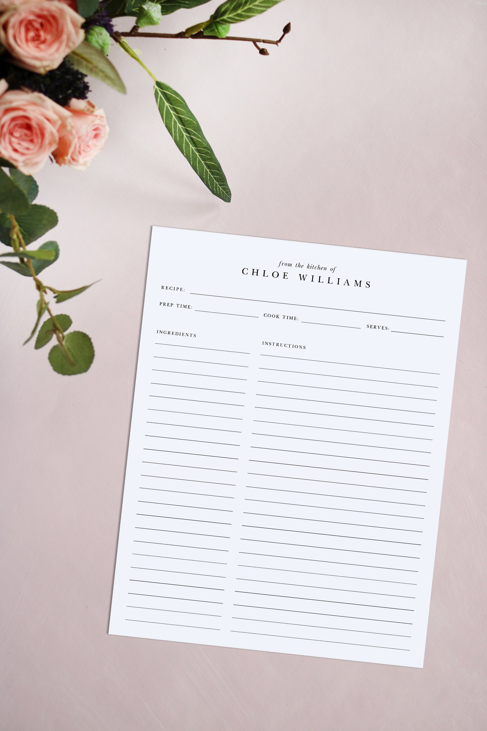 Classic Elegant Recipe Page Printable Template, Personalized Full Sheet ...