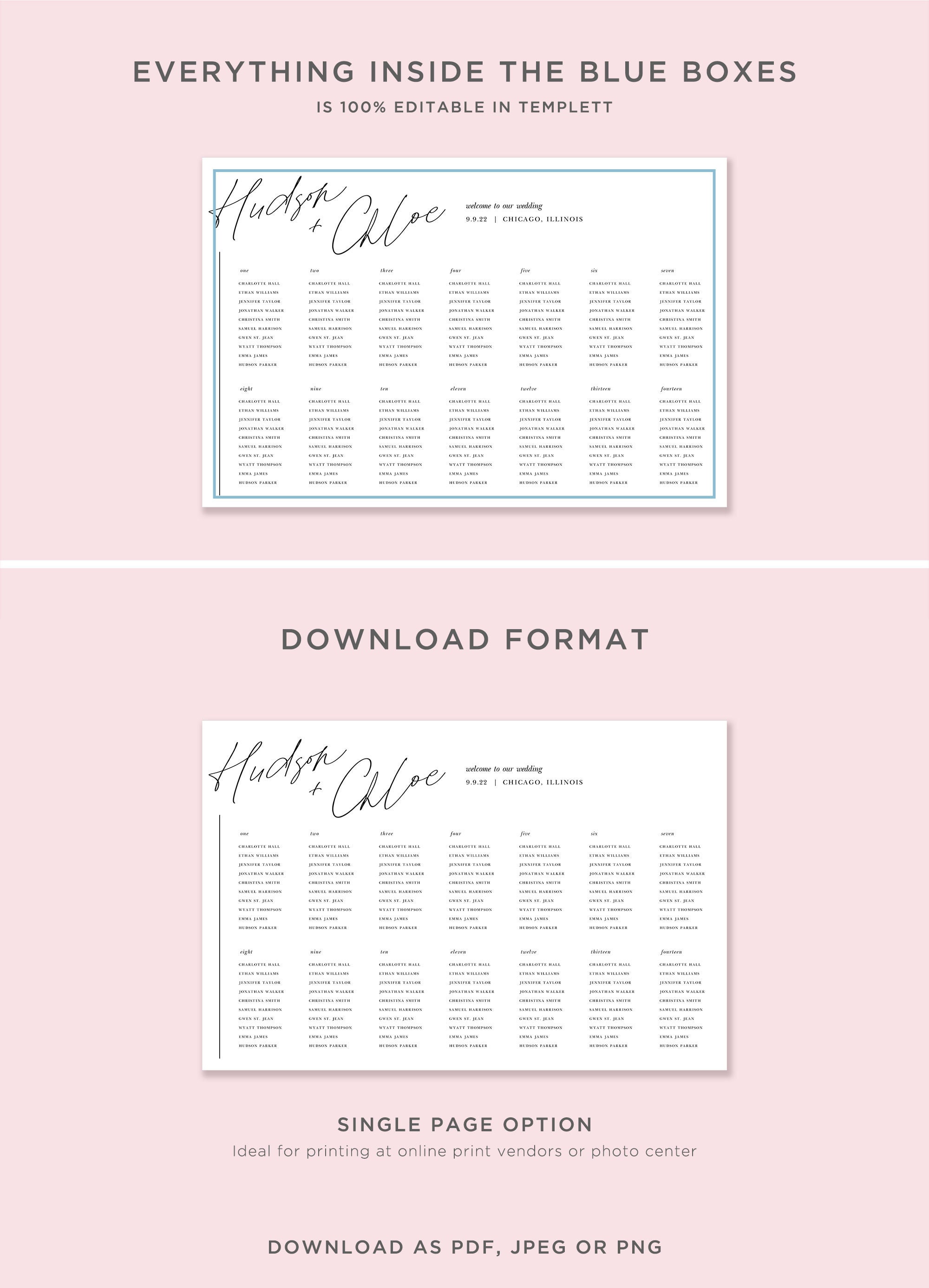 Modern Minimalist Wedding Seating Chart Template Horizontal - Etsy