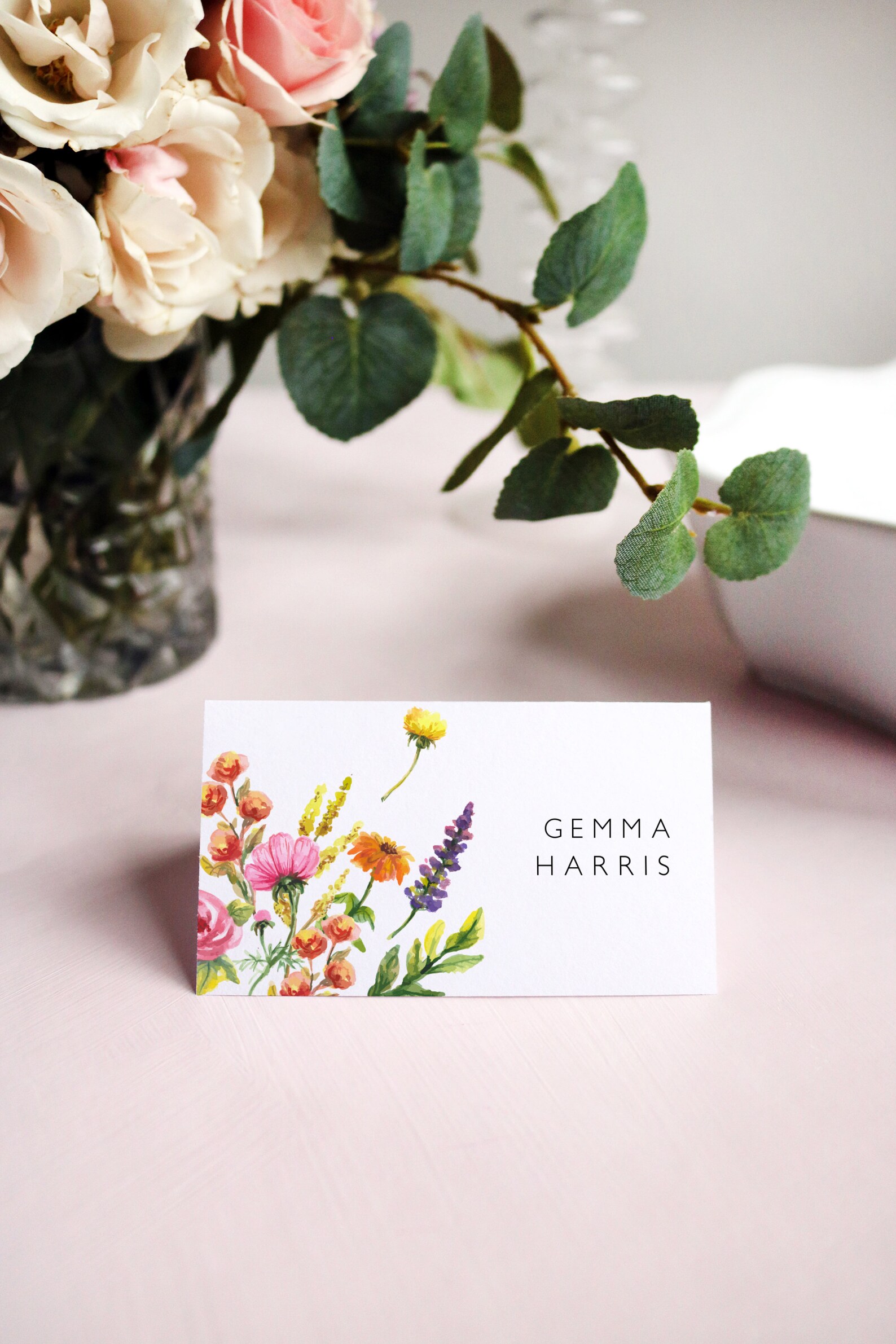 Watercolor Floral Place Card Template, Colorful Floral Printable Food ...