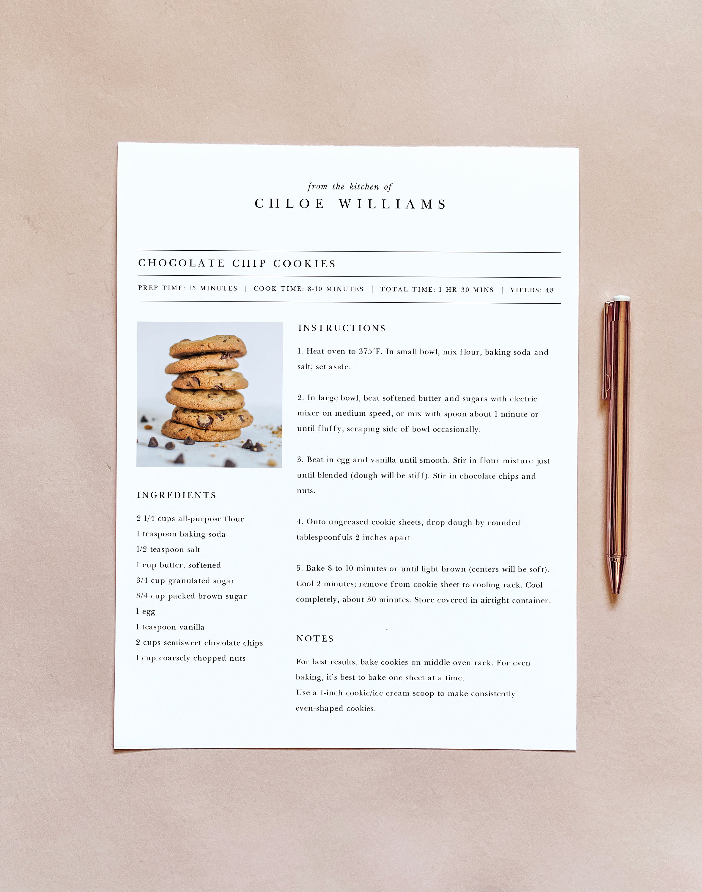 Classic Photo Recipe Page Printable Template Personalized | Etsy