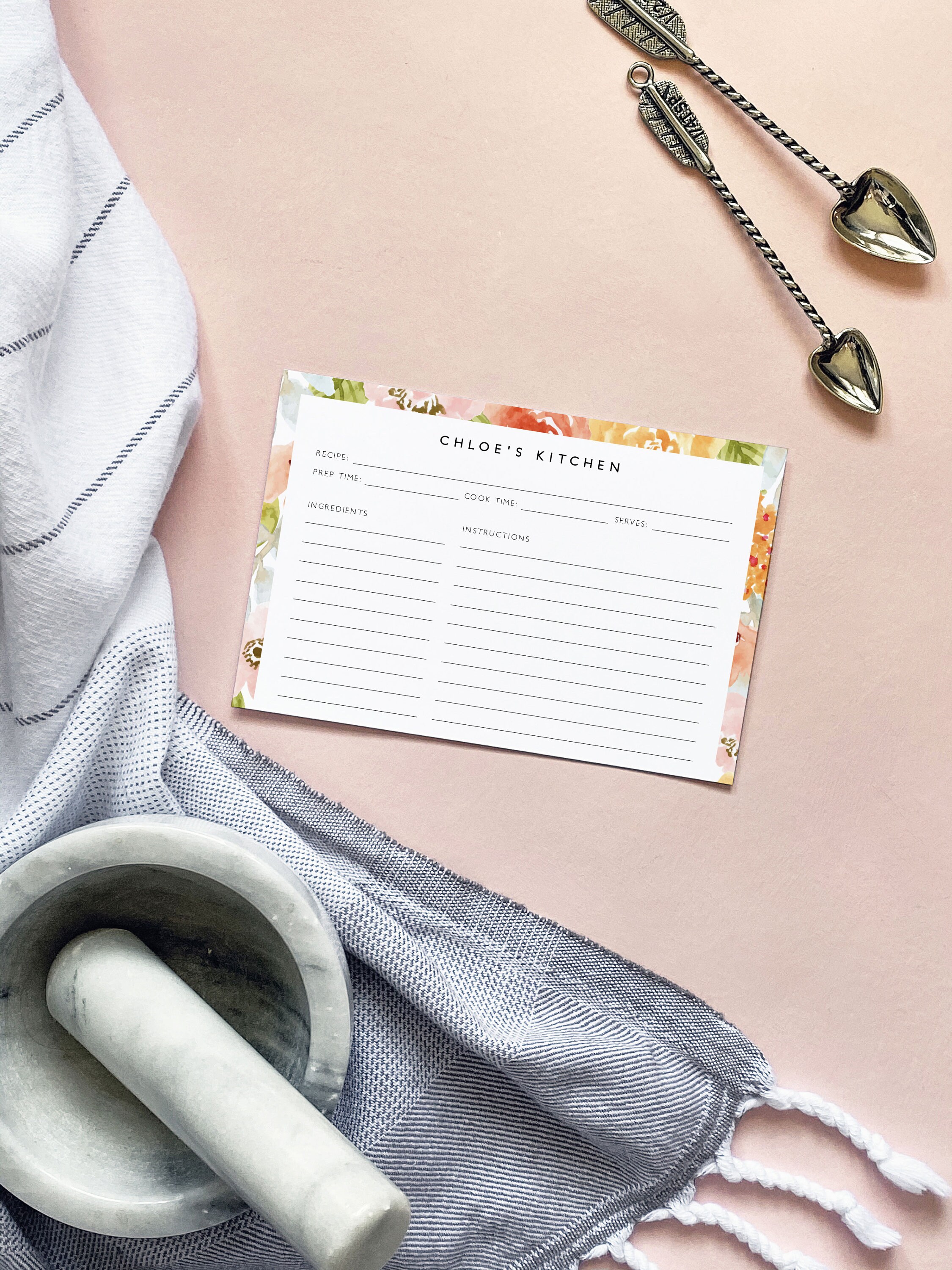 Pink Orange Watercolor Floral Recipe Card Printable Template - Etsy