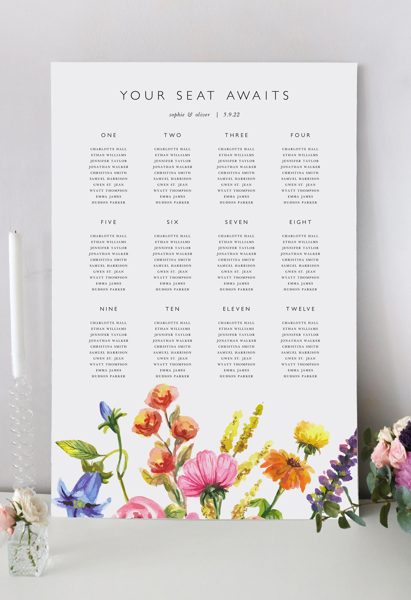 Wildflower Floral Wedding Seating Chart Template Colorful - Etsy