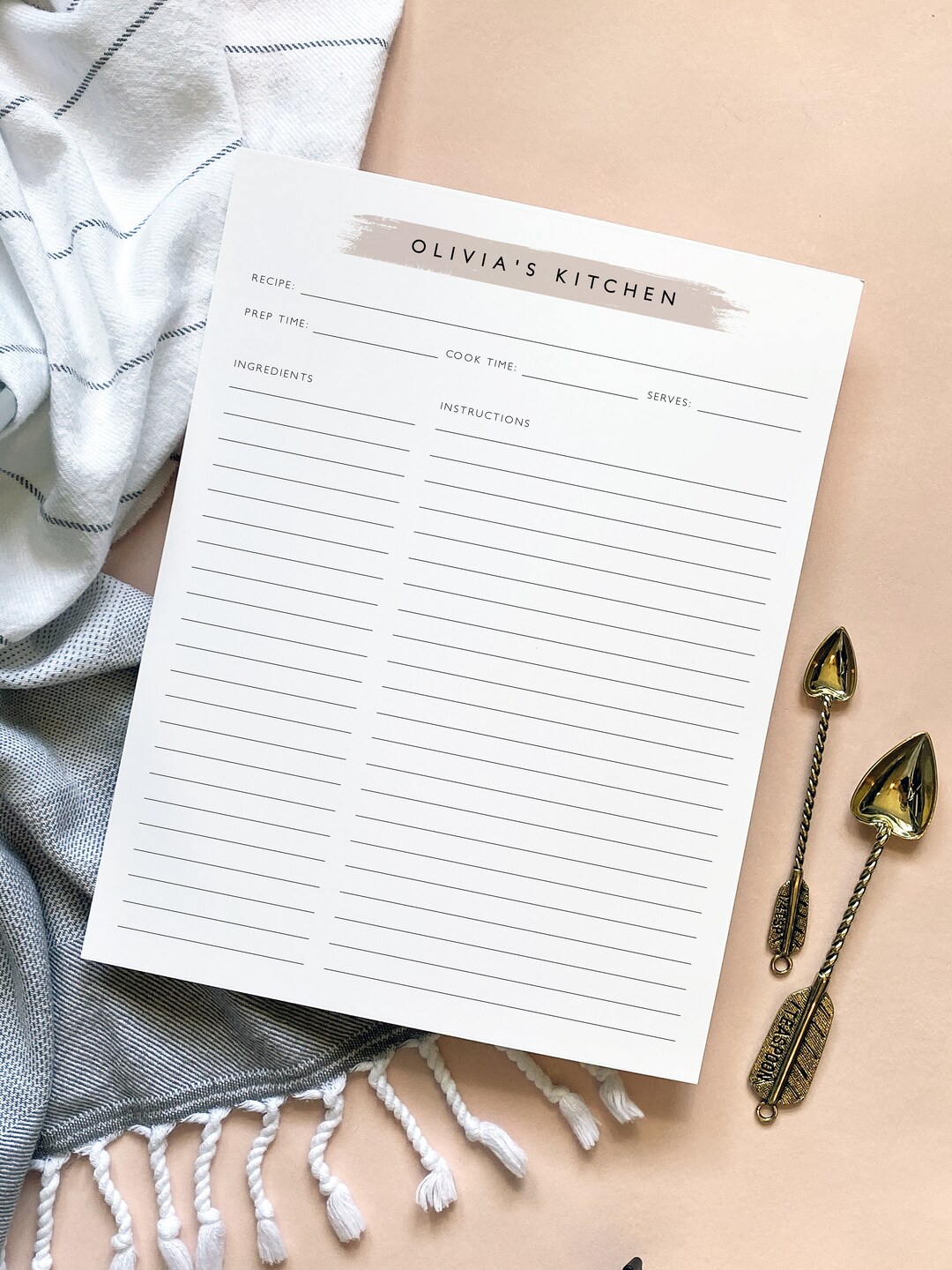 Modern Minimalist Recipe Sheet Printable Template, Personalized Full ...